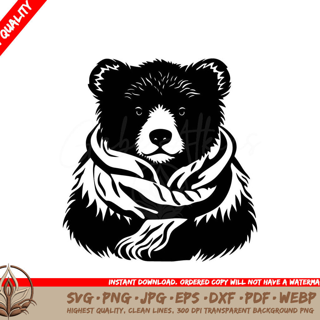 A Black And White Image Of A Bear Wearing A Scarf – Gabe Atkins Designs