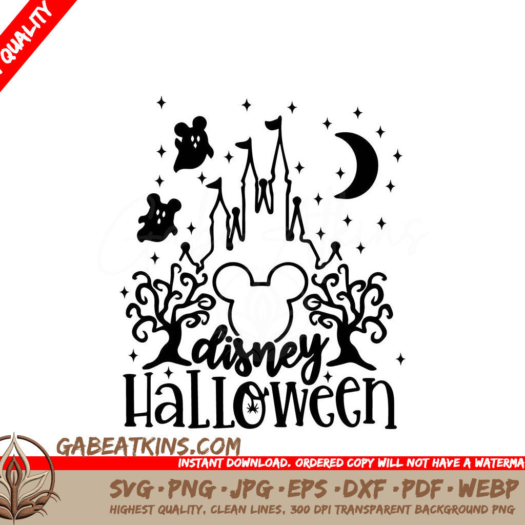A Disney Halloween Poster With A Castle Ghosts And Trees SVG - Disney ...